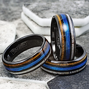 Stunning Unique 8mm Polished Black Tungsten Carbide Low Dome Band Ring with Fishing Line Between Whiskey Barrel Oak Wood and Deer Antler Inlays. (Tungsten (8mm), 13)