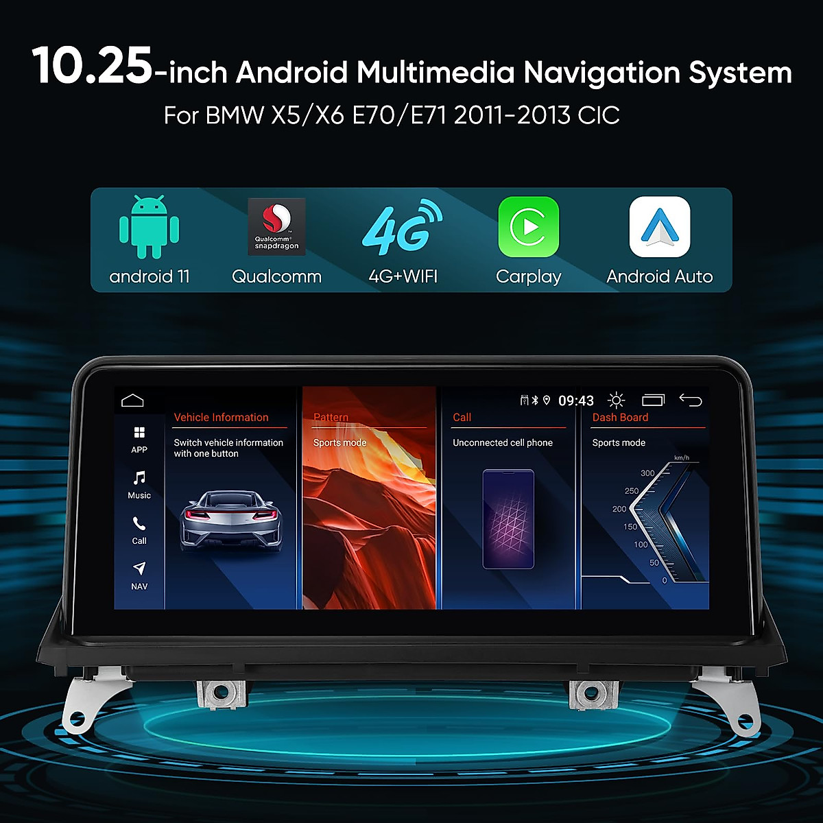 For BMW X5 E70 X6 E71 2011 2012 2013 CIC Upgrade Stereo Car Radio Qualcomm 665 (4GB + 64GB) Built-in 4G LTE Module GPS Navigation Wireless Apple CarPlay Android Auto 10.25 inch 1920 x 720 Touch Screen