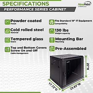 NavePoint 9U Server Cabinet Wall Mount Rack Enclosure Includes 2 Fans, Locking Glass Door, Removable Side Panels – 9U Network Cabinet 17.7” Deep, 19 Inch Server Rack for IT and A/V Equipment