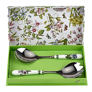 Portmeirion Botanic Garden Set of 2 Salad Servers | 10 Inch Salad Serving Set | Azalea and African Lily Motifs | Made from Stainless Steel and Porcelain