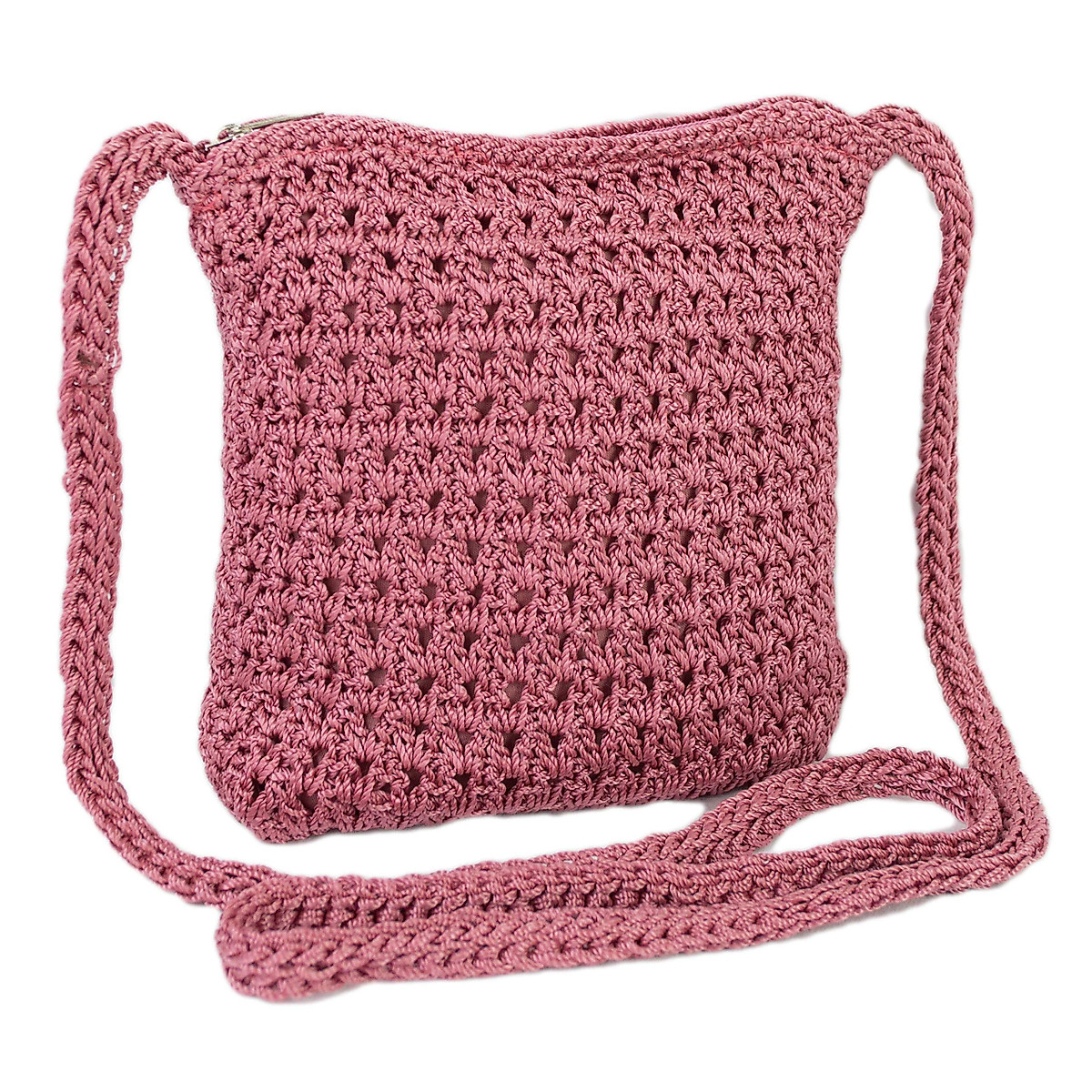 HatQuarters Boho Crochet Crossbody Handbag, Organizer Sling Bag, Small Crocheted Hippie Purse (Rose)