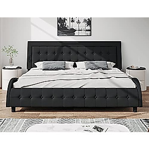 SHA CERLIN King Size Box-Tufted Platform Bed Frame/Faux Leather Upholstered Bed Frame with Adjustable Headboard/Wood Slat Support/Wave-Like Modern Bed/Low Profile/Black