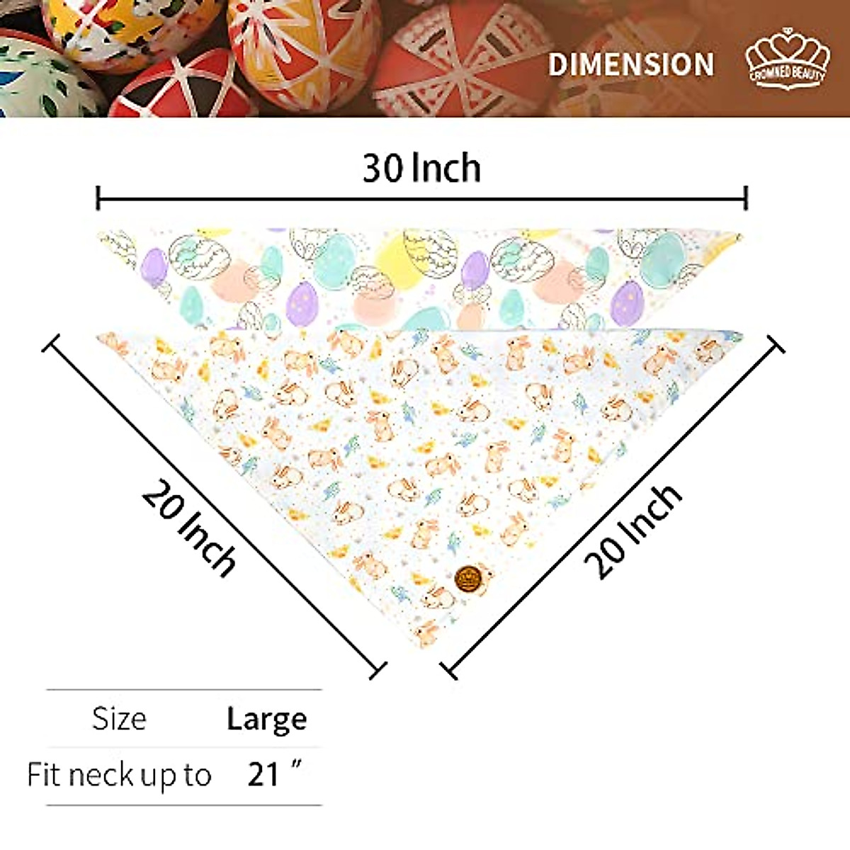 CROWNED BEAUTY Easter Dog Bandanas Large 2 Pack, Bunnies Eggs Set, Plaid Adjustable Triangle Holiday Reversible Scarves for Medium Large Extra Large Dogs Pets DB20-L