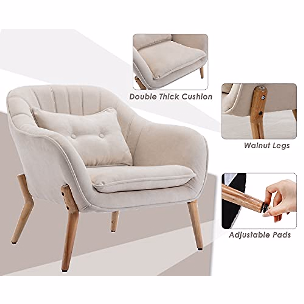Lei Yu Shunzhi Wood Armchair with Ottoman Mid Century Modern Upholstered Barrel Chair Tufted Living Room Comfy Reading Lumbar Pillow Cushion Leisure Sofa Corner for Small Place, Beige