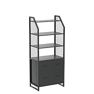 Tribesigns 2 Drawer File Cabinet with Bookshelf, Modern Vertical Filing Cabinet for Letter/Legal/A4 Size File, Large Printer Stand with Open Storage Shelves for Home Office, Black