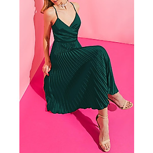 ZAFUL Womens Satin Sexy Backless Wrap V Neck Sleeveless Spaghetti Strap Pleated Flowy Party Midi Dress