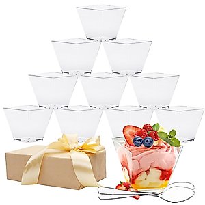 YINVA Dessert Cups 50Pcs Plastic Dessert Cups + 50Pcs Plastic Spoons Mini Dessert Cups 2oz/60ml Reusable Plastic Dessert Cup Dessert for Dessert Pudding Mousse Party