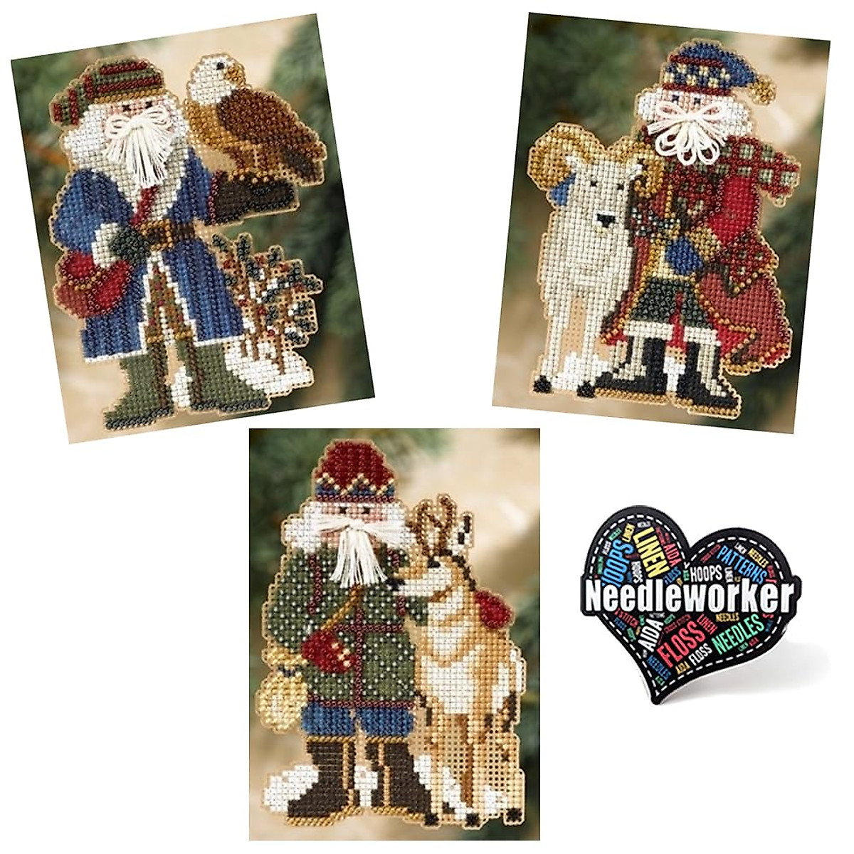 Mill Hill Rocky Mountain Santa Set (2008) Set of 3 Beaded Cross Stitch Kits Including Pike's Peak, Teton and Beartooth Santas, Plus Decorative 'Needleworker' Sticker