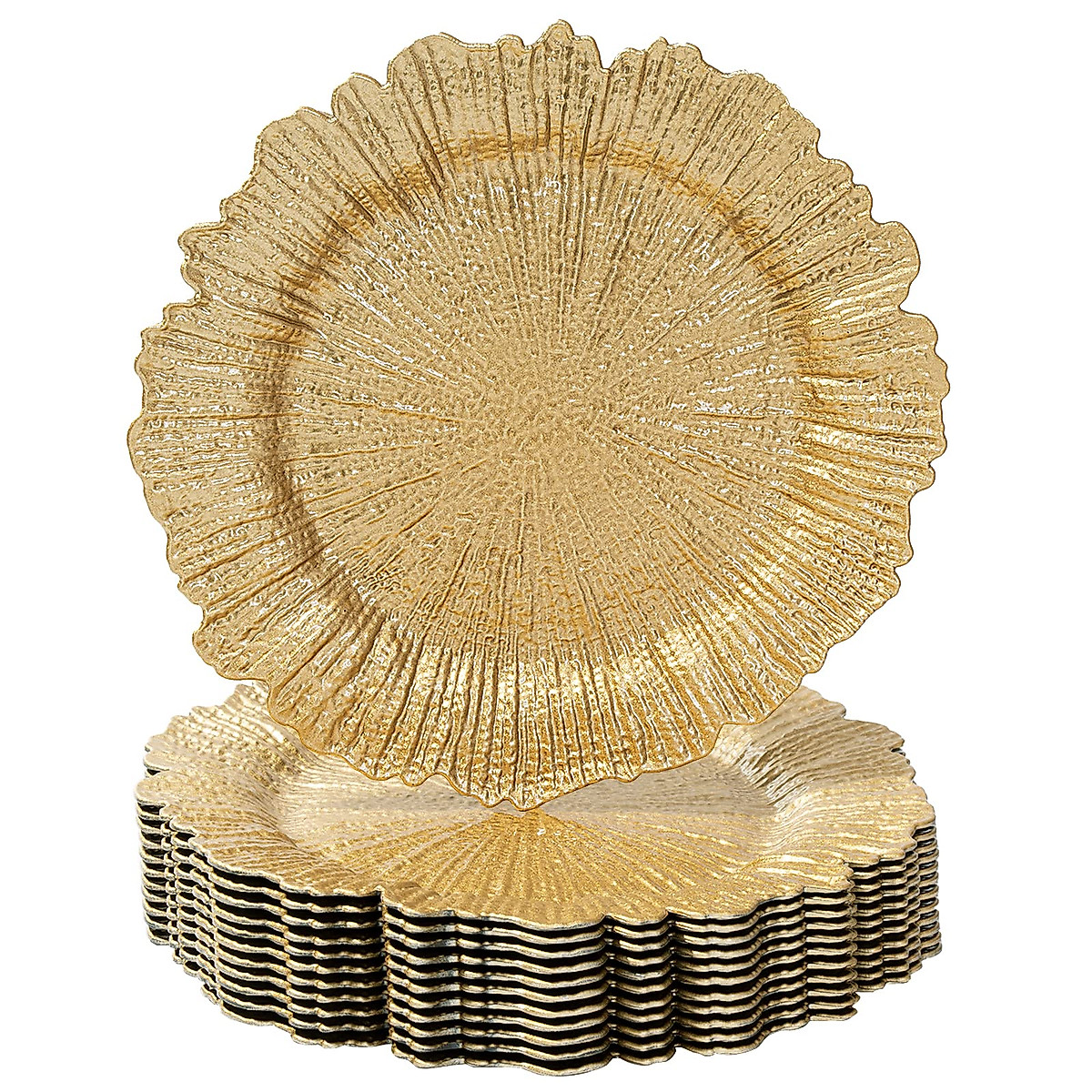 MAONAME Gold Charger Plates Set of 12, Reef Plate Chargers for Dinner Plates, Plastic Decorative Plates for Table Setting, Thanksgiving, Christmas