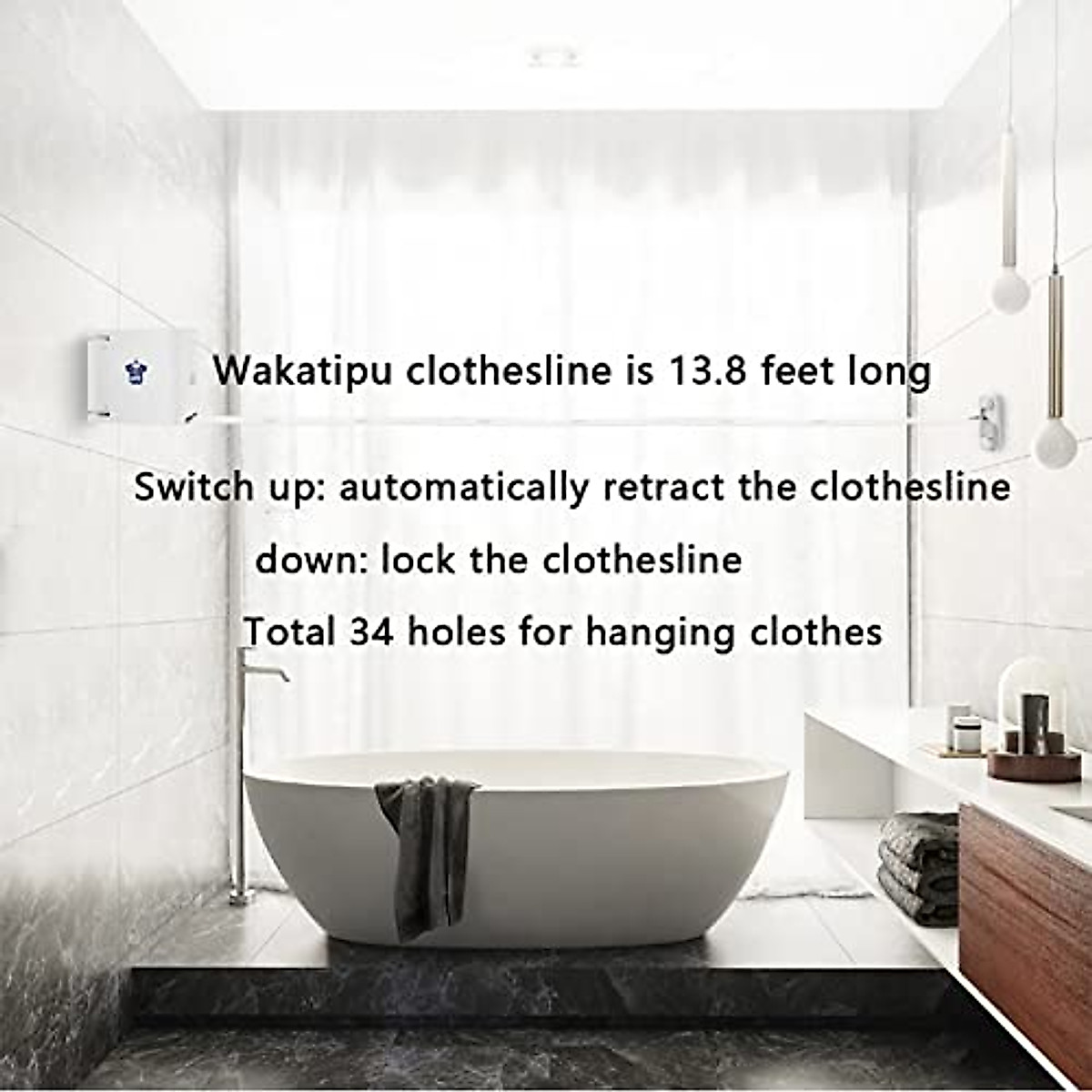 Wakatipu Retractable Clothesline, Indoor Outdoor Clothes Line， Automatic Retractable Clothesline with Fixed Hanging Hole13.8ft. Can Bear 44lb,Adjustable,Hanging Lock to Prevent Sagging (Standard)