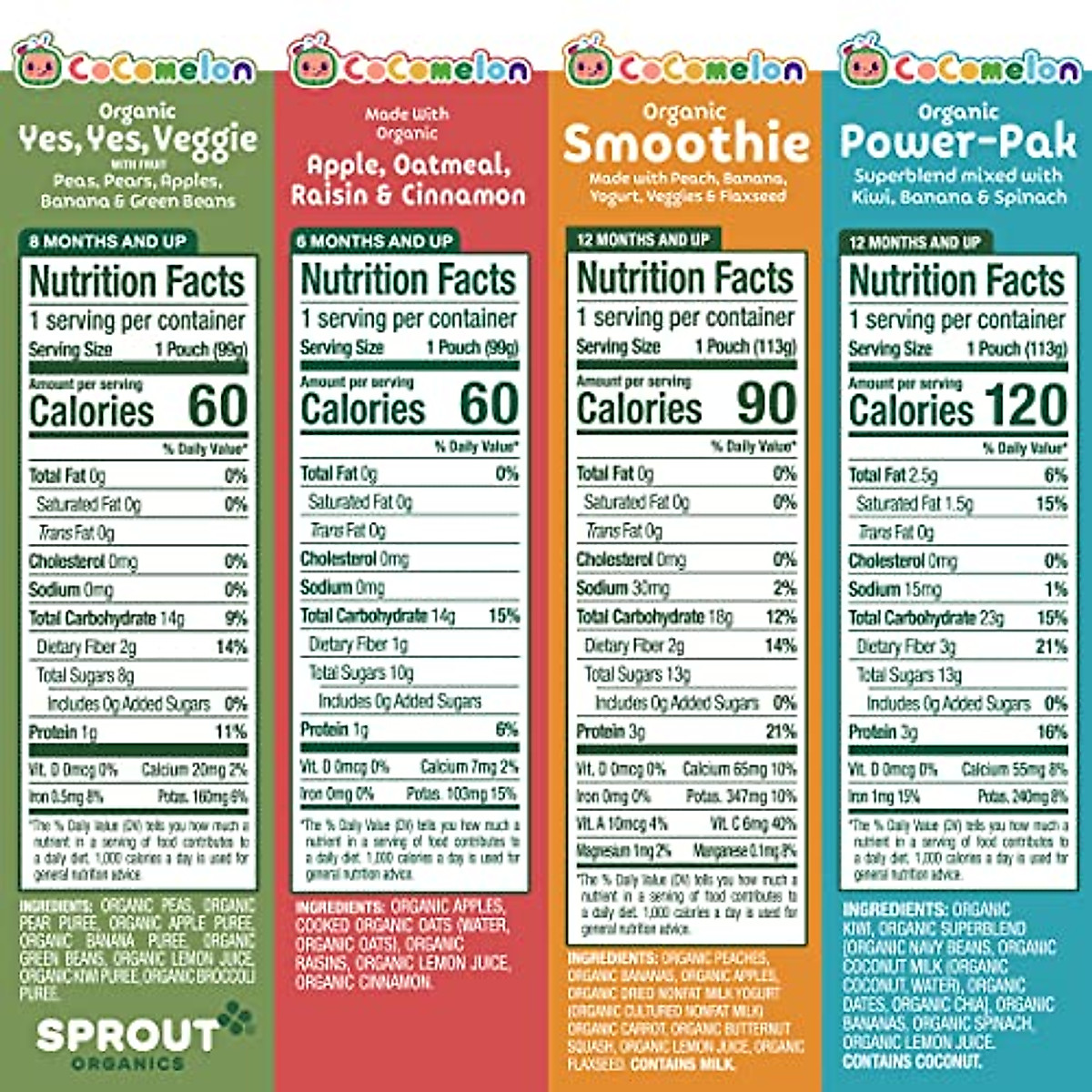 Sprout Foods CoComelon Sprout Organic Baby Food, Yes Yes Veggie, Apple Oatmeal Raisin, Peach Banana Smoothie, Kiwi Banana Spinach, Variety Pack, 3.5 Oz (Pack of 12)