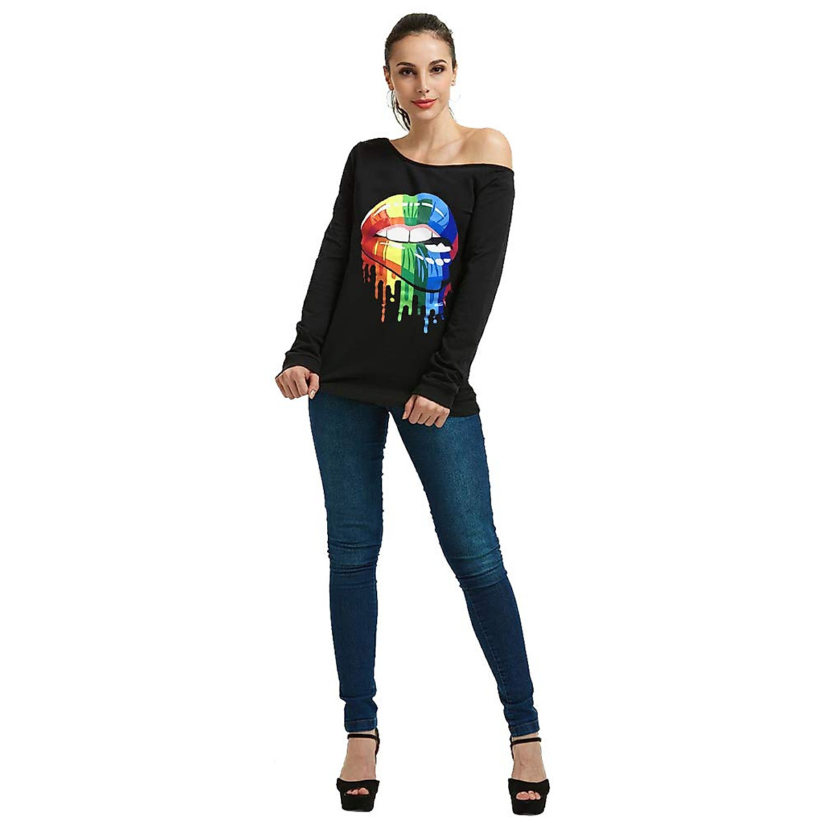 MAGICMK 80s Outfit for Women,Off Shoulder Long Sleeve,80s Outfit Sweatshirt Slouchy Printed Neon Long Tunics Top for Party (4XL)