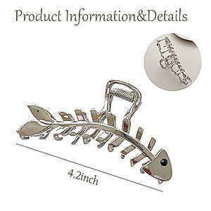 1Pcs Sliver Fish Bone Hair Clips Large Metal Fishbone Hair Claw Clips Fashion Geometry Hair Clamps Crabs for Women Thick and Thin Tortoise Strong Hold Hair Styling Hair Accessories