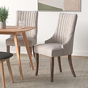 mikibama Linen Dining Chairs Set of 2 Channel Tufted Kitchen Dinner Chair Comfy Fabric Upholstered Accent Chair for Dining Room with Solid Wood Legs (Beige)