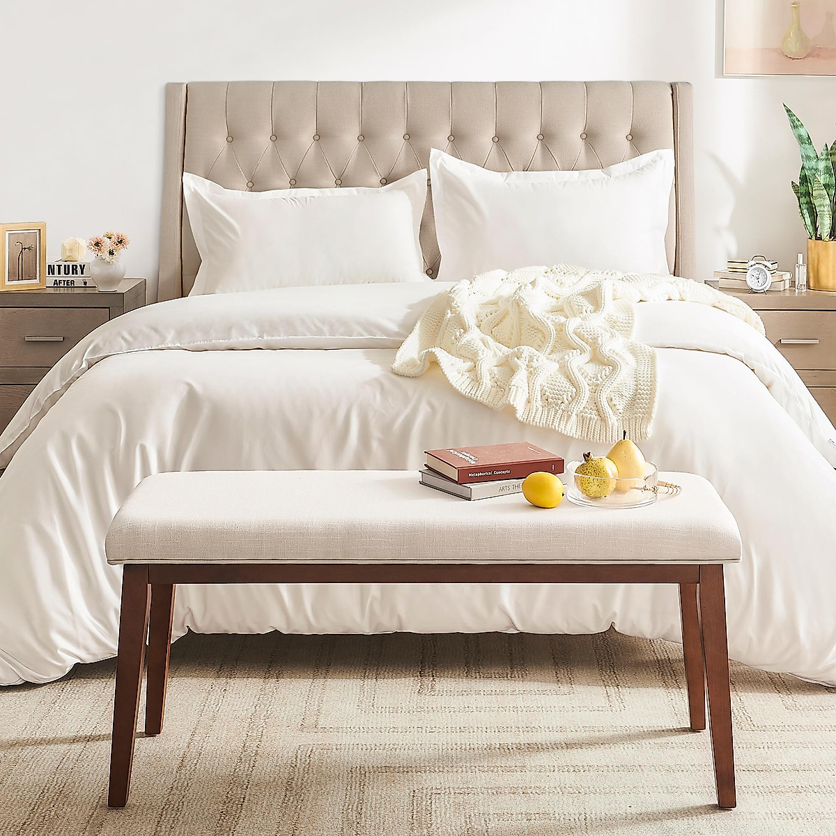 kinmars Upholstered Bench for Bedroom End of Bed,42.5-inch Entryway Bench for Living Room,Dining Bench with Padded Seat and Solid Wood Leg for Kitchen Bedroom,Indoor and Hallway (Bench, Beige)