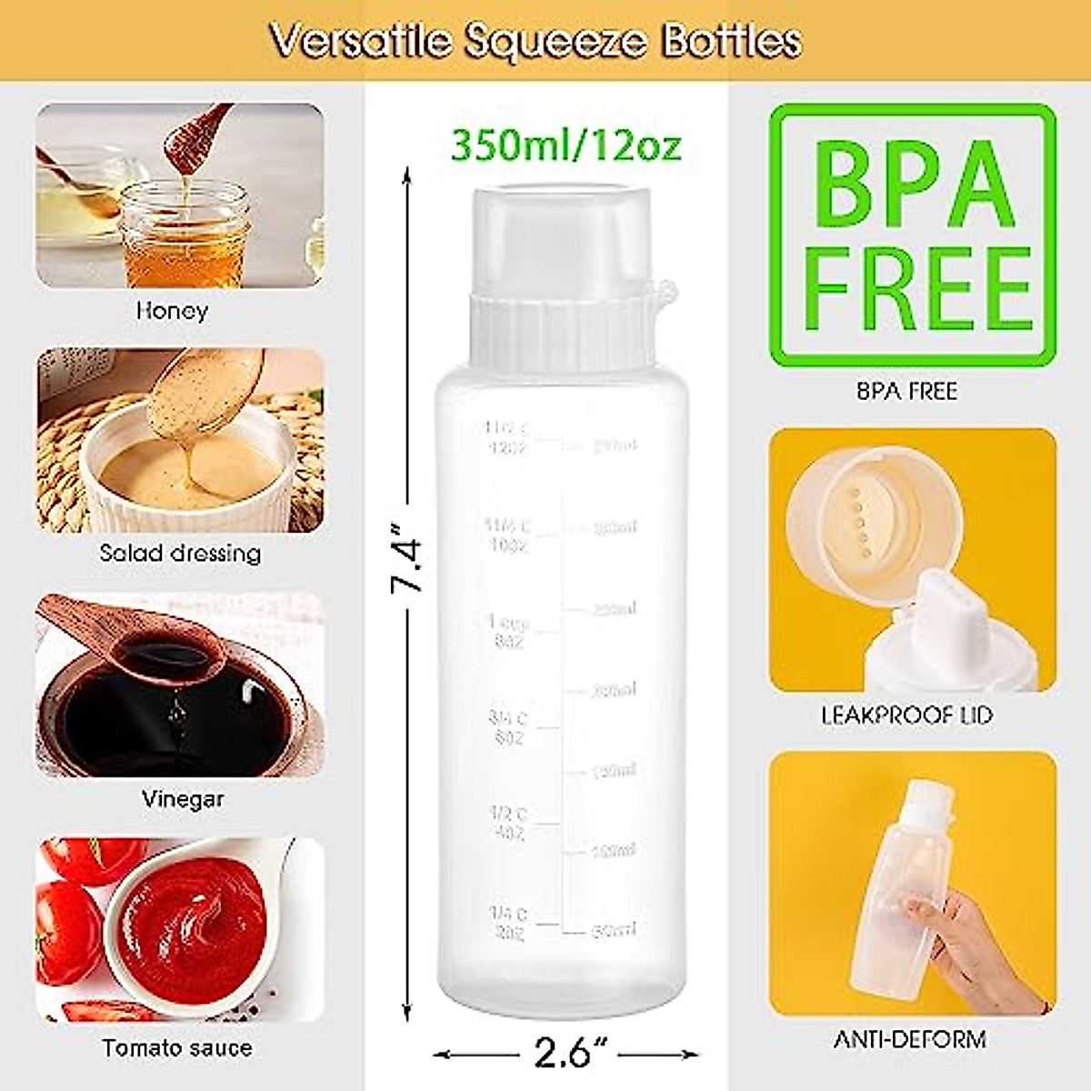 PARBEE 12oz Condiment Porous Squeeze Bottles, 2 Pack Refillable Condiment Containers Ketchup Squeeze Bottles, Leak Proof Syrup Dispenser for BBQ Sauce, Salad Dressing, Oil