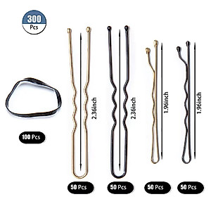 300 Pcs Hair Pins Kit, Including 100 Pcs Bobby Pins, 100 Pcs U Hair Pins, 100 Pcs Black Rubber Hair Bands, Hair Pins for Kids Girls and Women, Made of Metal, Not Easy to Fade, Which is Durable to be