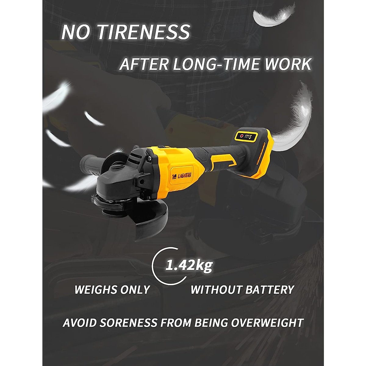 LAGATUNS Cordless Angle Grinder，Cordless Grinder w/21V 6.0Ah Li-Ion Battery & Charger,Brushless Motor, 4-1/2'' Blade, Quick-Change Wheel Guard, 2-Position Handle, Battery Grinder Tool set
