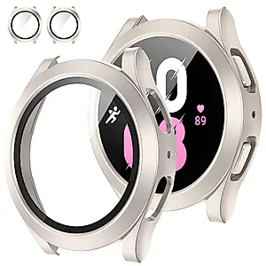 Tensea [2Pack] for Samsung Galaxy Watch 5 2022/4 2021 Screen Protector Case 44mm Accessories, Protective Face Cover for 44 mm, Hard Bumper Built-in Tempered Glass Film for Women Men