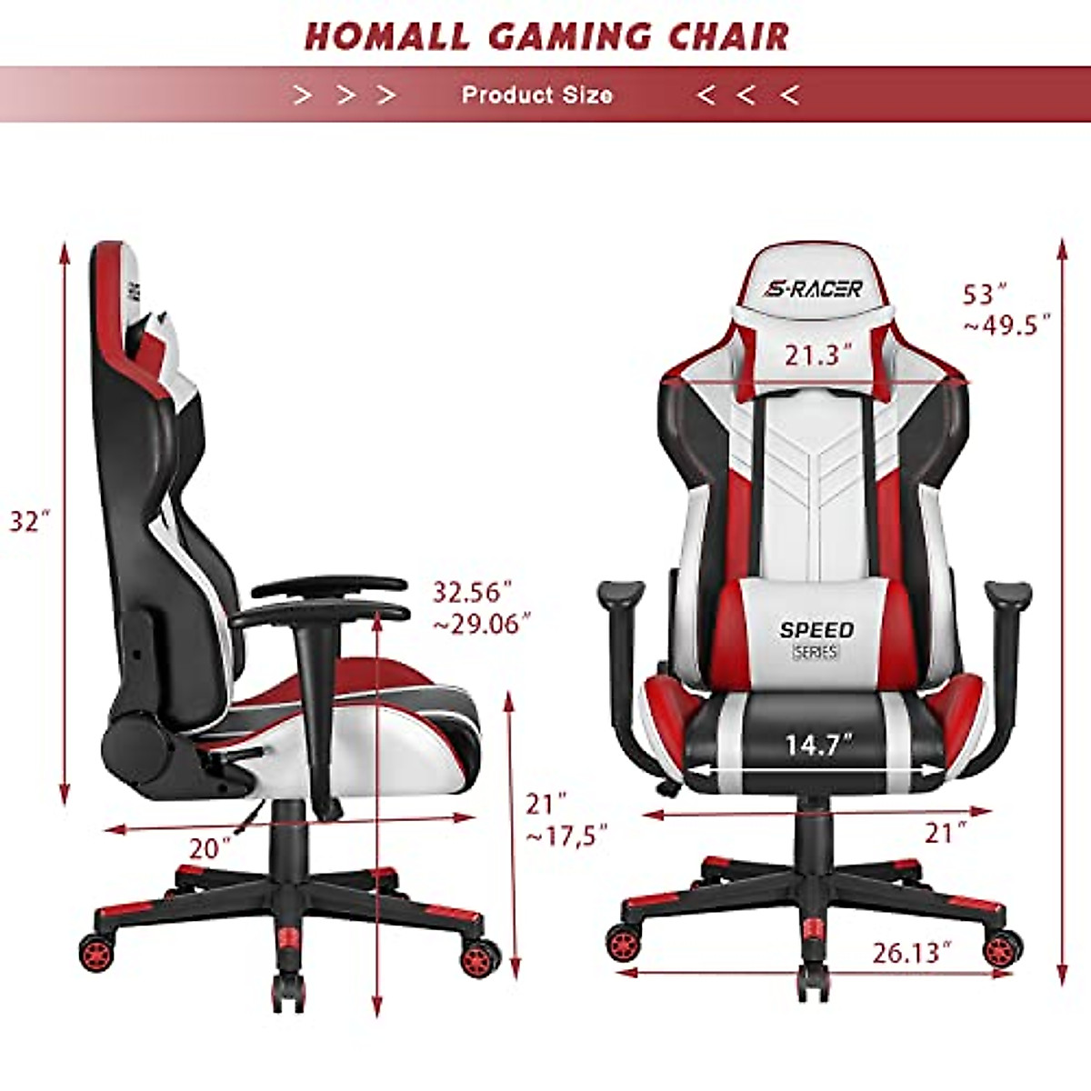 Homall Gaming Chair Racing Style High-Back PU Leather Office Chair Computer Desk Chair Executive and Ergonomic Swivel Chair with Headrest and Lumbar Support (White/Red)