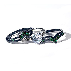 ringheart Couple Rings Black Matching Ring 1.5ct Green CZ Women Wedding Ring Sets for Him and Her His Her Wedding Ring