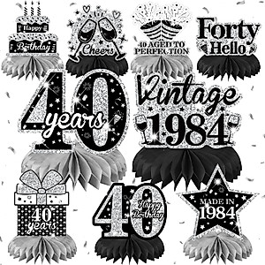 9Pcs Black Silver 40th Birthday Decorations 40th Birthday Honeycomb Centerpieces for Tables Decorations Vintage 1984 Centerpieces Table Topper Cheers to 40 Years Decor for Men Women Birthday Party