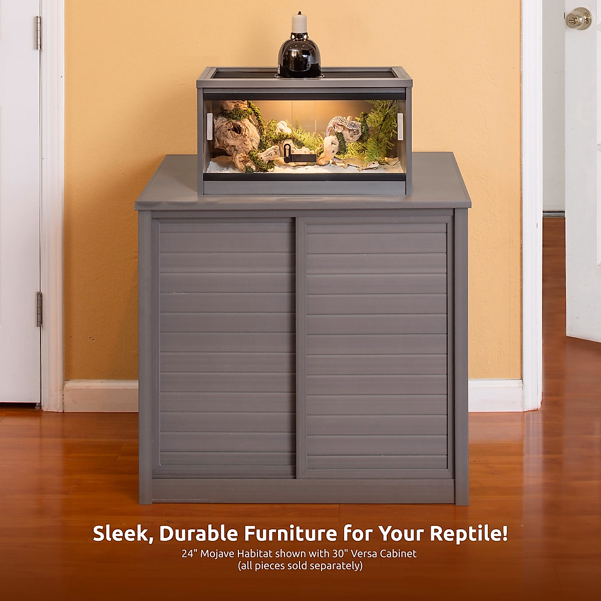 New Age Pet ECOFLEX 24-Inch Mojave Reptile Lounge in Grey - Durable Wood Plastic Composite Habitat with Ventilated Side Panels, Removable Sliding Glass Doors, and Mesh Screen Top