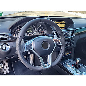 RedlineGoods Steering Wheel Cover - AMG Compatible with Mercedes GLA 2015. Tailor Made - not Universal. Genuine top-Grade Italian Black Leather with Blue Thread