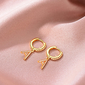 Mevecco 18K Gold Filled Gold CZ Pave A Initial Drop Huggie Earrings Diamond Cut Cubic Zircon Inlayed Letter Dangle Charm Initial Huggie Hoop Earrings Personalized Dainty Tiny Symbolic Jewelry Gift