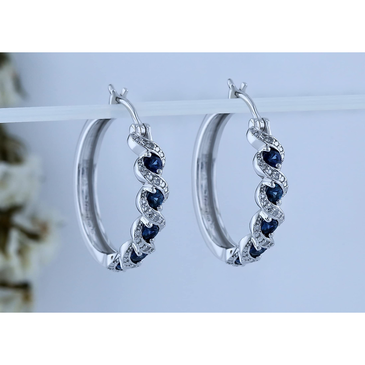 Dazzlingrock Collection Round Blue Sapphire & White Diamond Hoop Earrings | 925 Sterling Silver