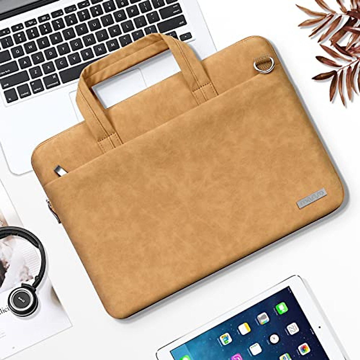 MOSISO Laptop Shoulder Bag Compatible with MacBook Pro 16 inch 2022 2021 M1 Pro/Max A2485/2019-2020 A2141,15-15.6 inch Notebook,Waterproof PU Leather Carrying Sleeve with Front Pocket&Belt, Brown