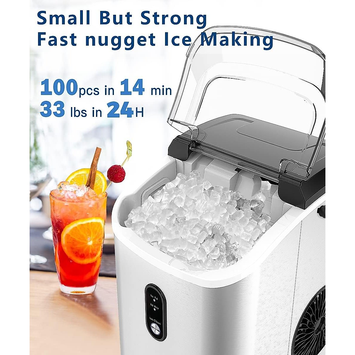 Kndko Nugget Ice Maker Countertop,33lbs/Day, Pellet ice Maker,a Basket in 1.5 Hour, Self-Cleaning, One-Click Design, Compact Crushed Ice Maker with Chewy Ice for Home Bar Party，Silver