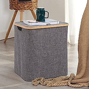 Laundry Basket Hamper with Lid 60L Collapsible Dirty Clothes Basket Organizer with Bamboo Handle Closet Storage Bin for Bedroom Bathroom Laundry Room, Grey