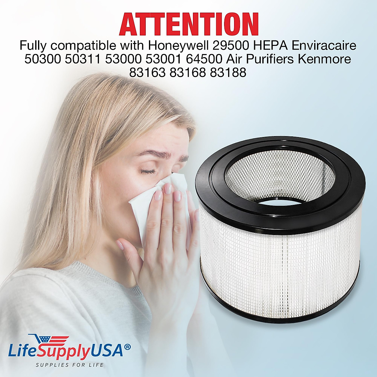 LifeSupplyUSA Filter Replacement Compatible with Honeywell 29500 HEPA Enviracaire 50300 50311 53000 53001 64500 Air Purifiers Kenmore 83163 83168 83188