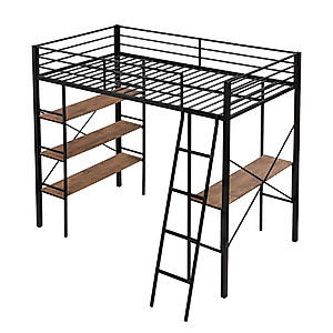 Metal Loft Bed Twin Size, Twin Loft Bed with Desk and Storage Shelves, Twin Size Loft Bed with Guardrail and Ladder, Heavy Duty Loft Bed for Kids, Teens (Twin Black)