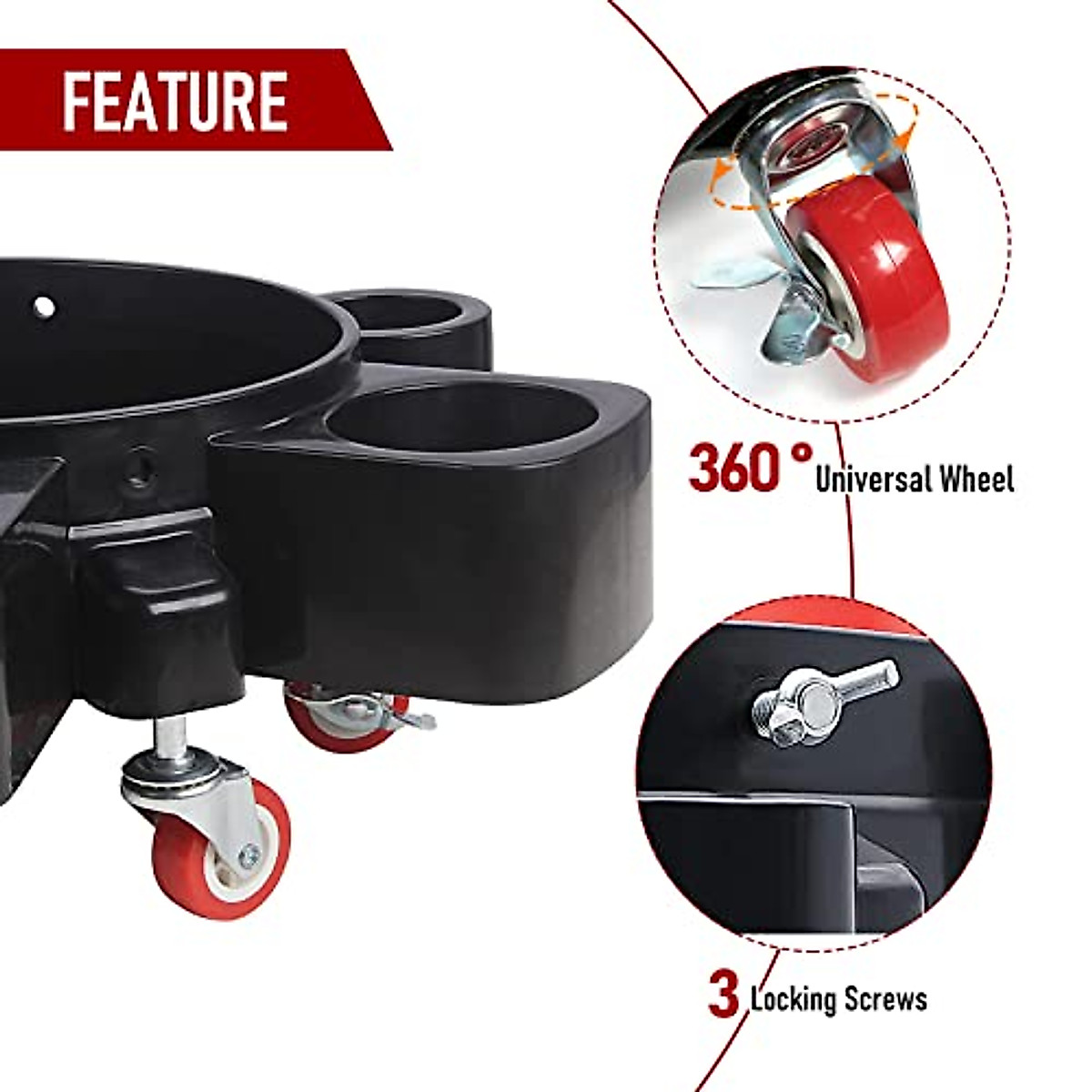 Bucket Dolly w/Grit Trap,5 Gallon Rolling Removable Bucket Dolly with 5 Rolling Swivel Casters for Car Washing Detailing Smoother Maneuvering (Black)