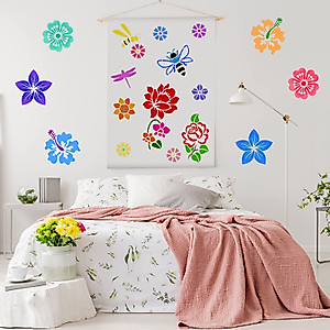 16 Pieces Flower Stencil for Painting Bee Sunflower Butterfly Spring Stencil Large Template Reusable Summer Painting Stencil and Metal Open Ring for DIY Craft on Wood Wall Home Decor(5.1 x 5.1 Inch)