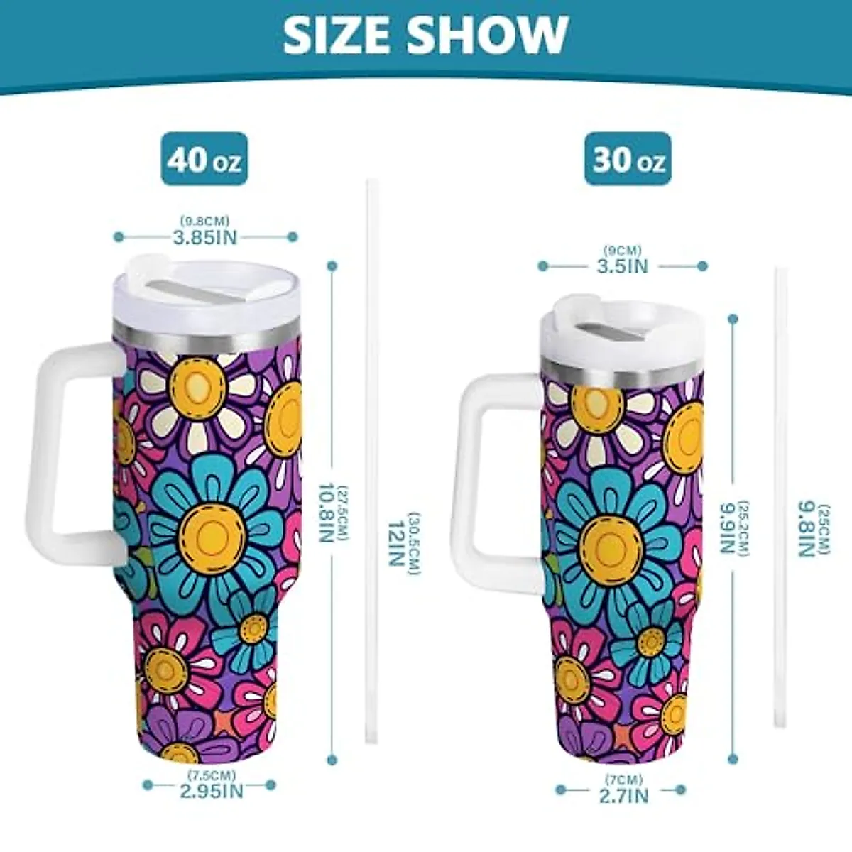 30 oz Colorful Hippie Style Flower Insulated Tumbler with Handle, Stainless Steel Vacuum Water Bottles with Lid and Straw for Water, Iced Tea or Coffee