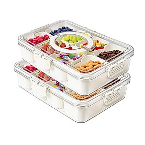 2Pcs Divided Serving Tray with Lid and Handle, Clear Snack Travel Storage Container, Multi Grid Food Storage Container for Parties, Fruits, Nuts, Candies, Travel, Picnics (8 compartments)