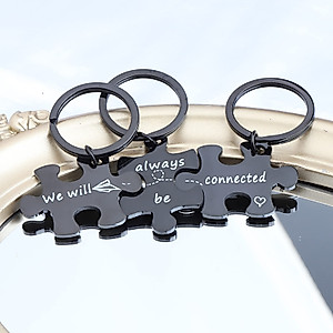 MYOSPARK We Will Always Be Connected Puzzle Keychain Set Of 3 Long Distance Relationship Gift For Best Friends Family (3PCS Connected Keychain black)