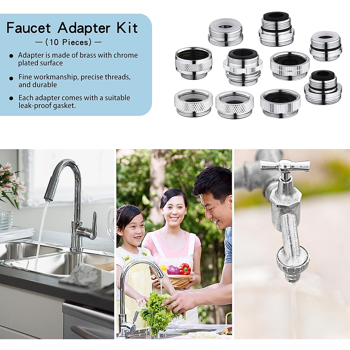Faucet Adapter Kit, Brass Kitchen Sink Aerator Adapter,Male/Female Sink Faucet Adapter to Connect Garden Hose, Water Filter, Standard Hose via Diverter (10 Pieces)