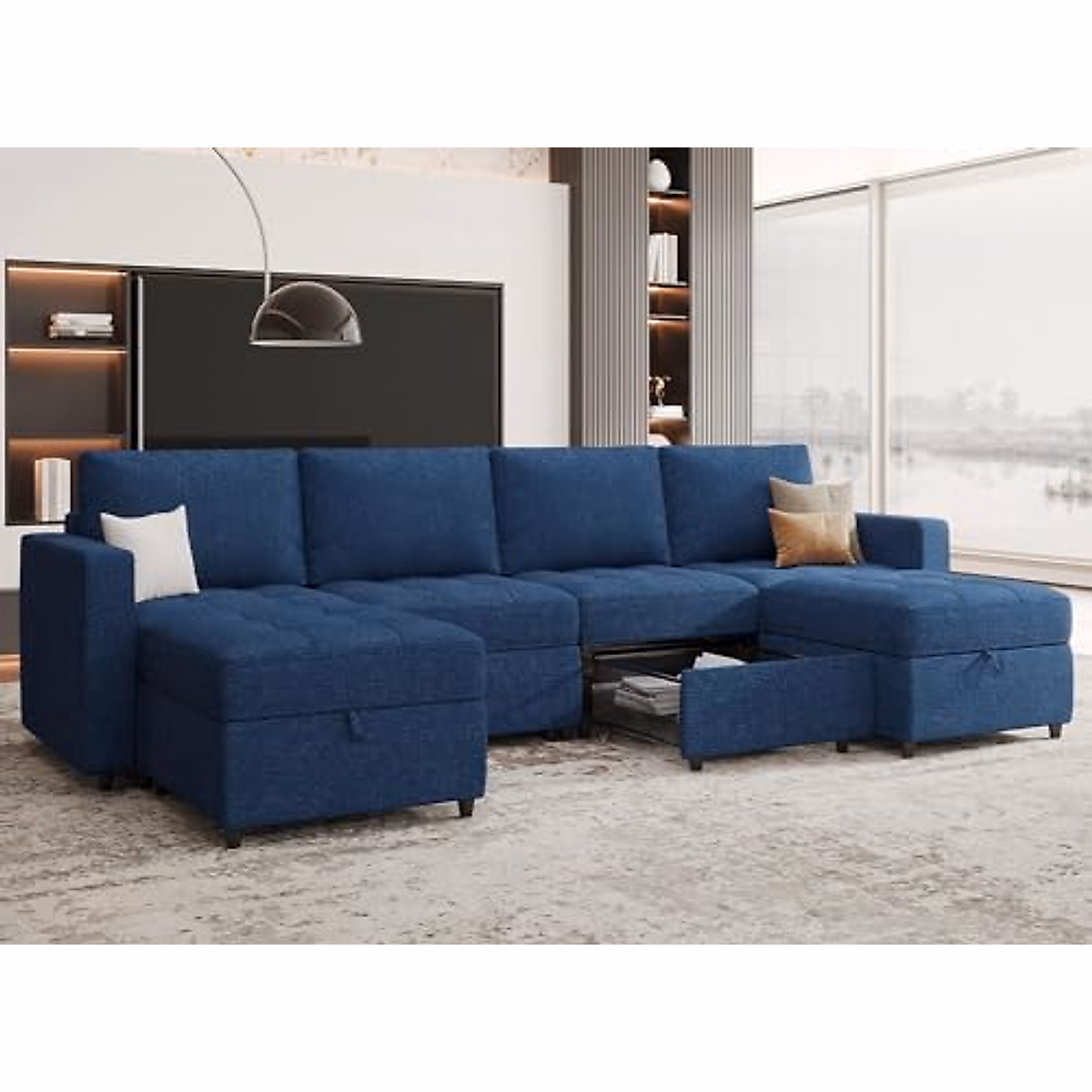 Belffin Fabric Modular Convertible Sectional Sofa U Shape Pull Out Couch with Ottomans 6 Piece Sofa Sectional Set Sleeper Couch with Double Reversible Chaises and Storage for Living Room Blue