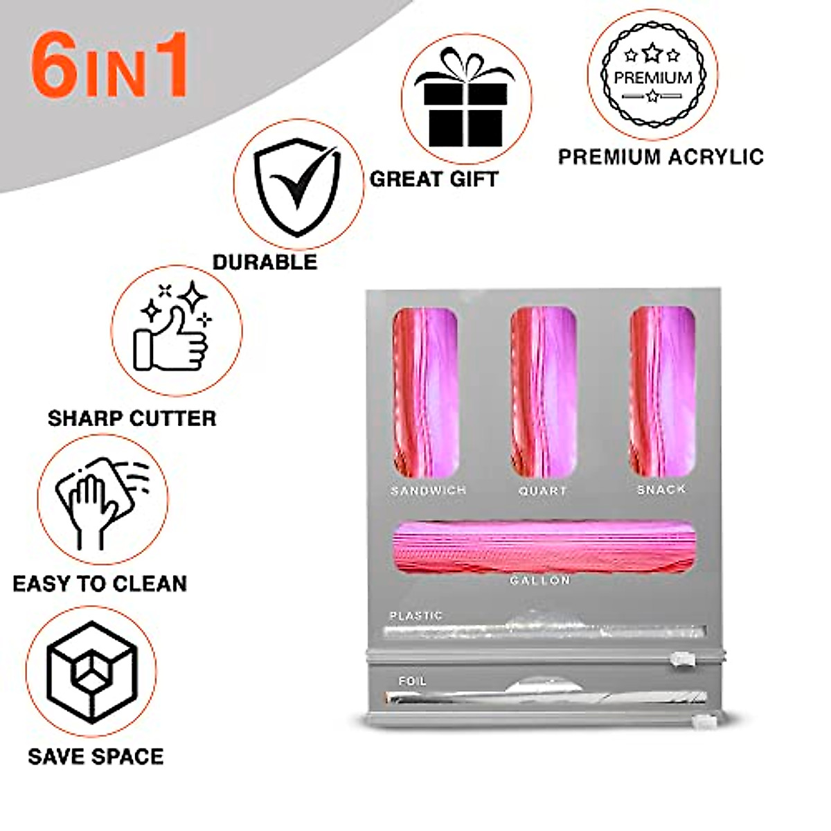 Acrylic Ziplock Bag Storage Organizer For Kitchen Organization Compatible with Gallon, Quart, Sandwich & Snack Variety Bags with Plastic Wrap, Aluminum Foil Dispenser & Cutters with Labels 6 IN 1