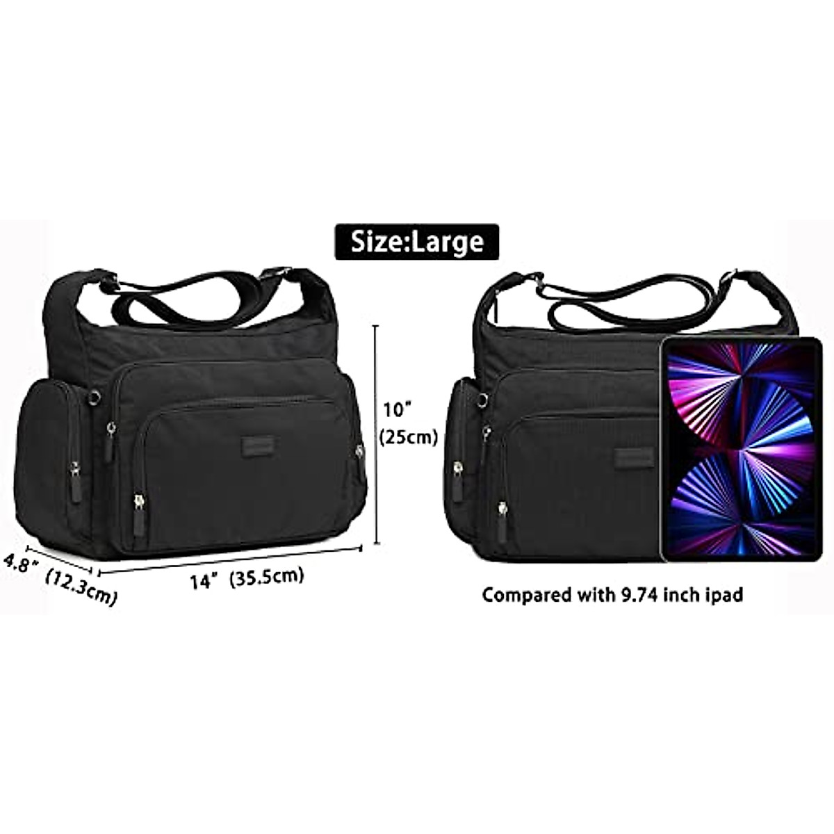 KAIERWOKE Crossbody Handbags for Women with Anti theft Casual Multi Pocket Shoulder Bag Nylon Travel Purse (LARGE-BLACK)