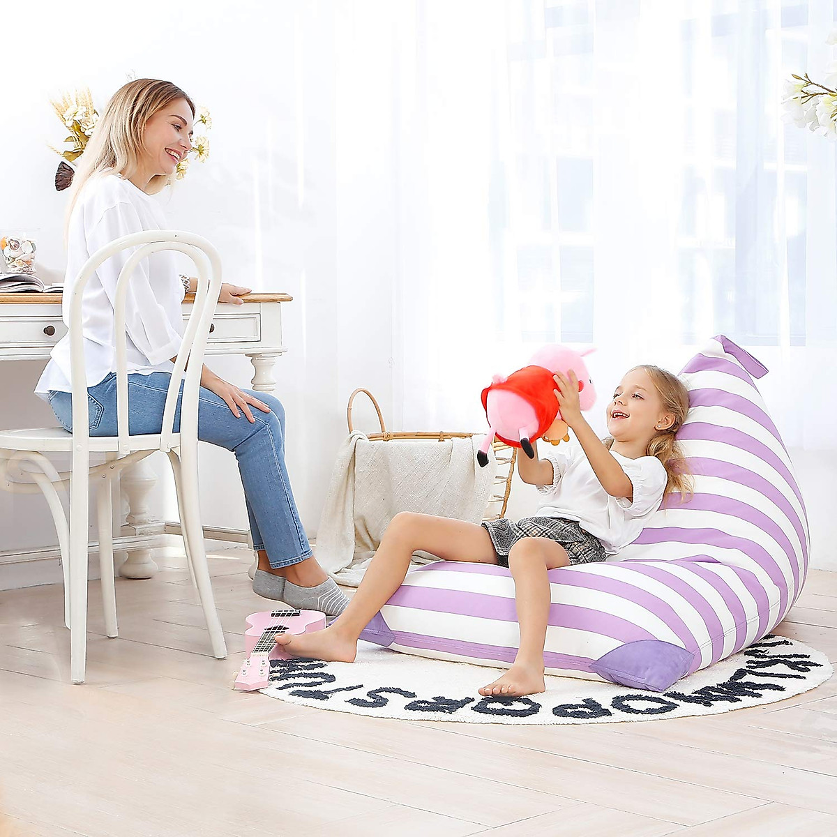 Aubliss Stuffed Animal Storage Bean Bag Chairs Cover, 50"x 35" Extra Large Bean Bags Chair for Kids & Adults, Beanbag Toy Storage for Boys Girls - Premium Cotton Canvas Purple Stripe