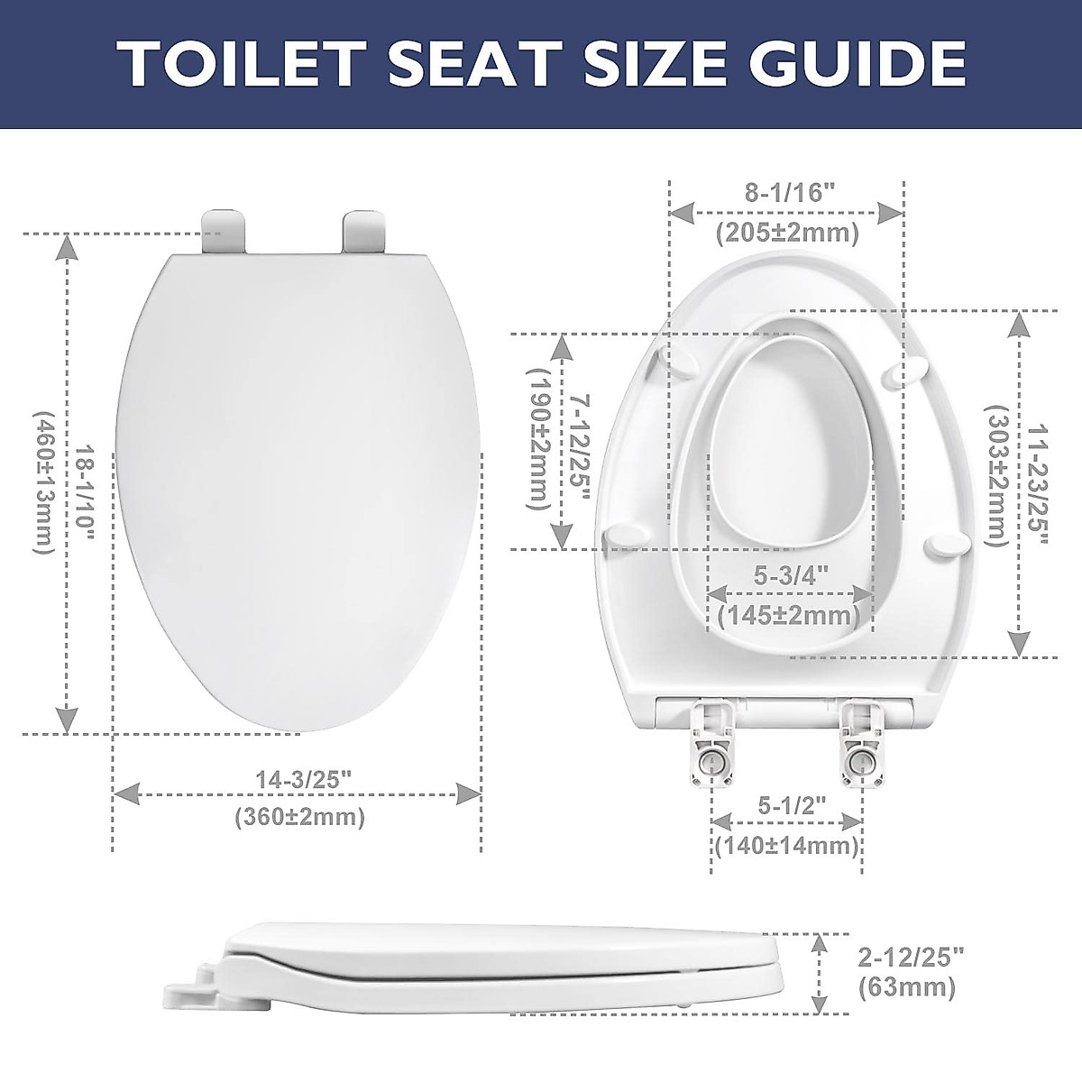 Elongated Toilet Seat with Slow Close Seat, Easy Clean, Suitable Standard Elongated or Oval Toilet with Thickened Plastic Lid, Plastic, White