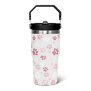 Dog Tumbler Cups 20oz Travel Mug Dog Mom Gifts Paw Print Tumbler with with Flip Straw and Top Handle Dog Gifts for Dog Lovers Women Travel Cups Mugs
