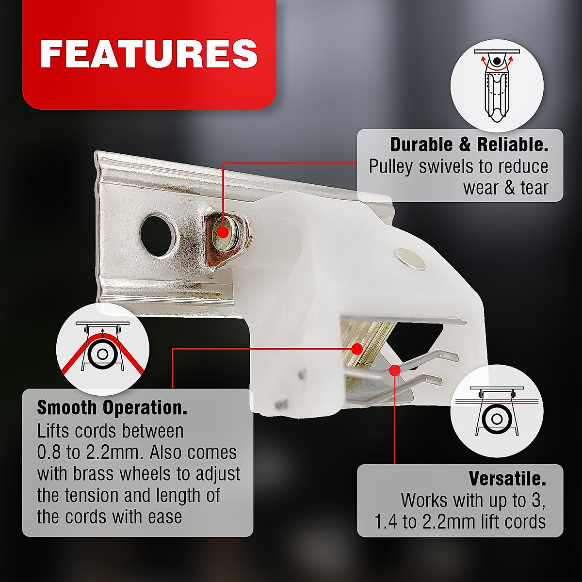 Amazing Drapery Hardware White Roman Shade Cord Lock with Brass Wheels - Holds up to 3 Lift Cords, Suitable for Roman and Woven Wood Shades - 1-Pack