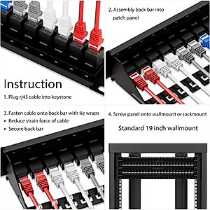 iwillink 10Gbps Patch Panel 24 Port, RJ45 Through Coupler Cat6 Patch Panel UTP 19-Inch 1U with Back Bar, Wallmount or Rackmount, Compatible with Cat5, Cat5e, Cat6 Cabling