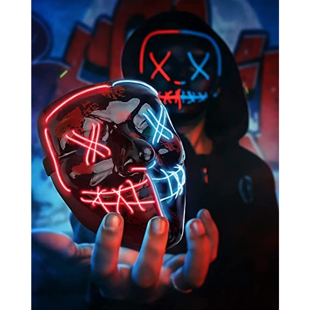 STONCH Halloween Mask Skeleton Gloves Set, 3 Modes Light Up Scary LED Mask with LED Glow Gloves, Halloween Decorations Anonymous Carnival Costumes glow purge Masks ​Gift for Boys Girl